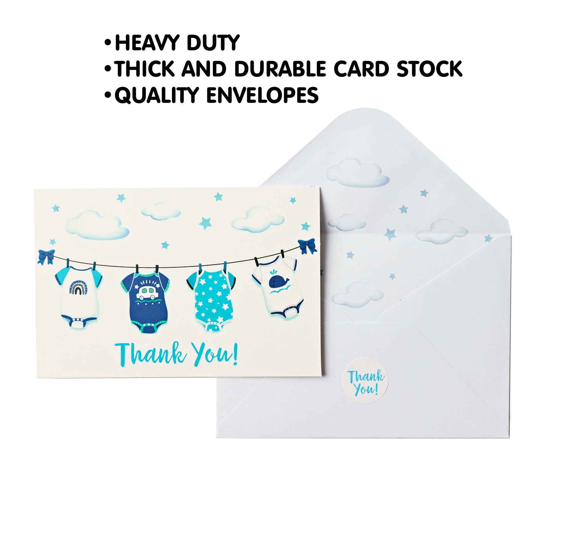 All Ewired Up 50 Boxed Set Clothesline Onesie Boy Thank You Cards for Baby Shower with Designed Envelope and Matching Seals