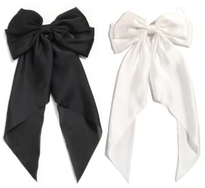 susulu hair bows for women oversized black white hair bow clips big hair bow long tail large satin silky hair ribbon bow clip ponytail hair accessories for adult teens,pack of 2