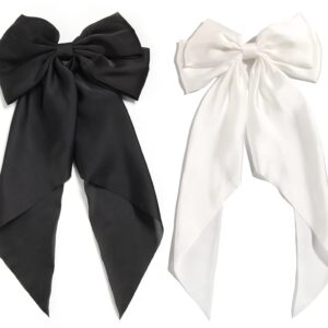 SUSULU Hair Bows for Women Oversized Black White Hair Bow Clips Big Hair Bow Long Tail Large Satin Silky Hair Ribbon Bow Clip Ponytail Hair Accessories for Adult Teens,Pack of 2