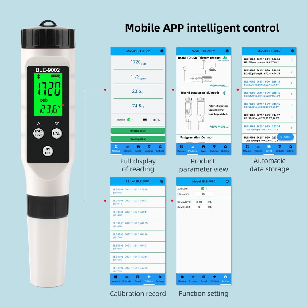 RCYAGO Bluetooth Hydrogen Meter, High Accuracy Pen Type H2 Meter, Hydrogen Tester with ATC, Digital Water Quality Monitor Tester for Drinking Water, Hydrogen Water Bottle, Hydrogen Water