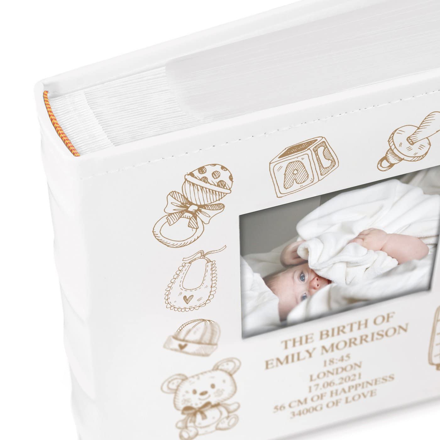 Maverton Slip-In Photo Album for kids - Engravable white cover with a photo frame - 100 pages to fill in with up to 200 images - Personalized album for Baptism - For Birthday - baby