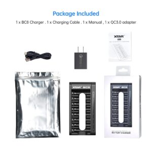 Charge Multiple AAA Rechargeable Batteries Simultaneously with the XTAR BC8 Smart AA AAA Charger - 8 Bays for 1.5V Lithium and 1.2V Ni-Mh Ni-Cd Rechargeable Batteries (BC8 Charger+QC3.0)