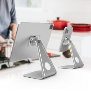 pinikox magnetic tablet stand adjustable, universal desktop stand, multi-angle aluminum tablet holder compatible with phones, ipad 10.2, ipad pro/air/mini, samsung, kindle(7-13) and more, silver