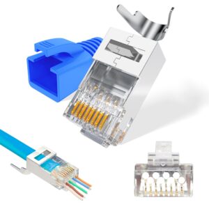 leenue cat7 rj45 connector (10 set) 50μ gold plated cat6a rj45 pass through ethernet plug with blue boot for cat7 solid or stranded thick network cable 23 awg