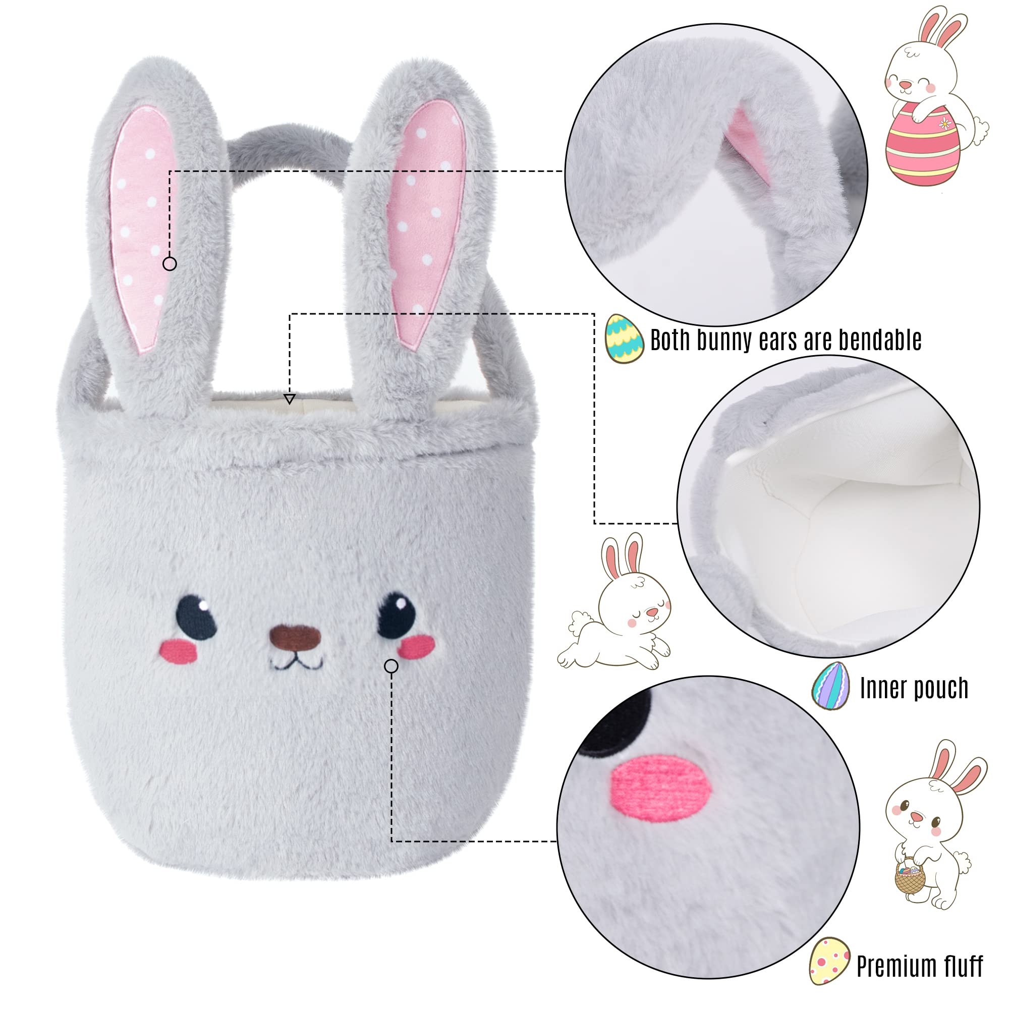 Bunny Easter Basket for Kids, Cute Plush Empty Bucket with Foldable Ears and Handle Egg Hunt Tote Candy Bag Basket for Boy Girl Teens Gift, Easter Basket Decor Grey 9×9 Inch