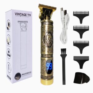 hair clippers for men professional zero-gap hair trimmers for barber, t outline edgers for hair beard cutting, t-blade, cordless rechargeable, led display, vintage t9 trimmer (gold)