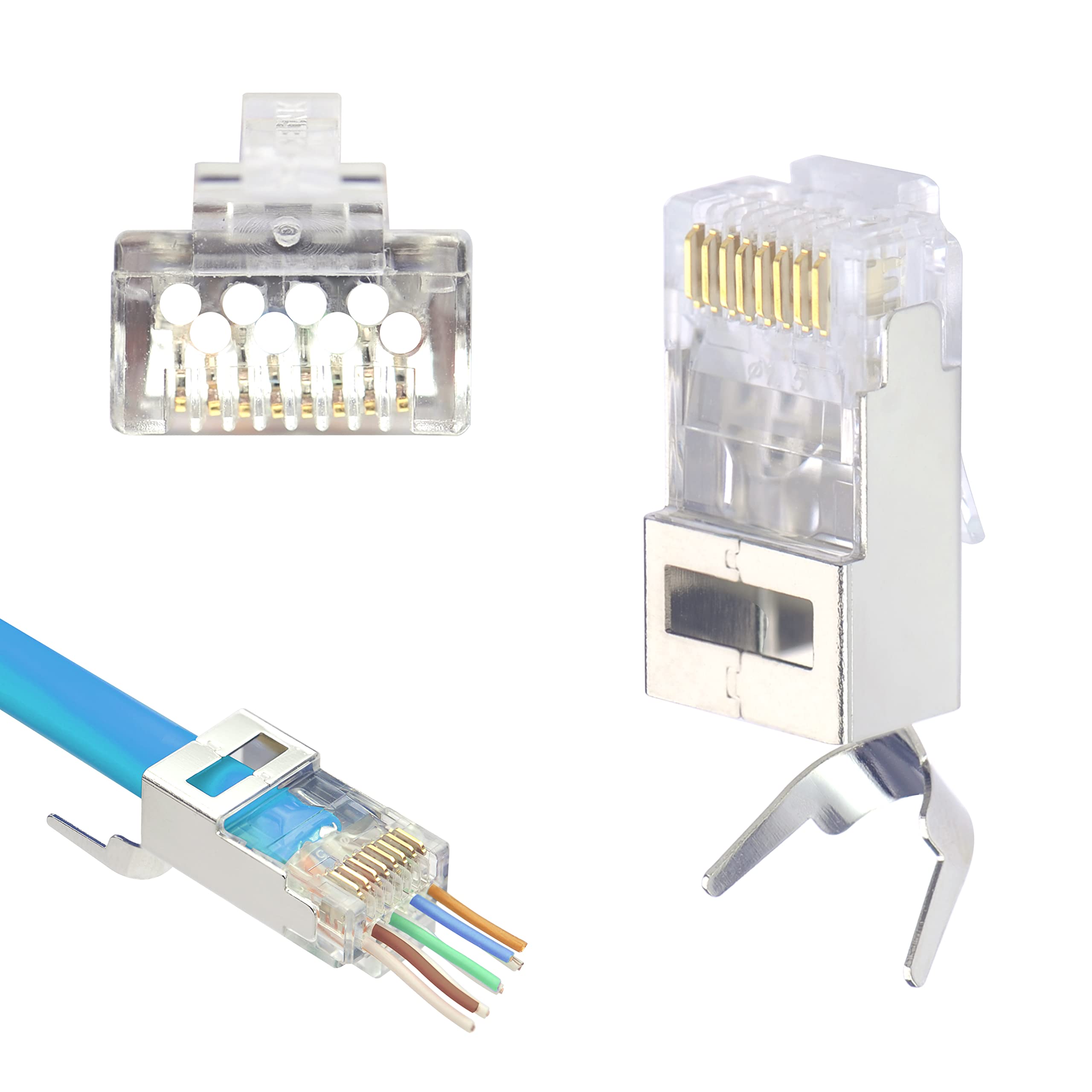 LEENUE CAT7 RJ45 Connector (10 Set) 50μ Gold Plated CAT6A RJ45 Pass Through Ethernet Plug with Blue Boot for CAT7 Solid or Stranded Thick Network Cable 23 AWG