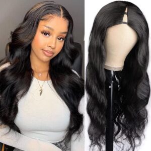 xagujpo v part wig human hair body wave wigs upgrade u part wigs brazilian virgin human hair wigs for black women glueless clip in half wig v shape wigs no sew in 180% density natural color 18inch