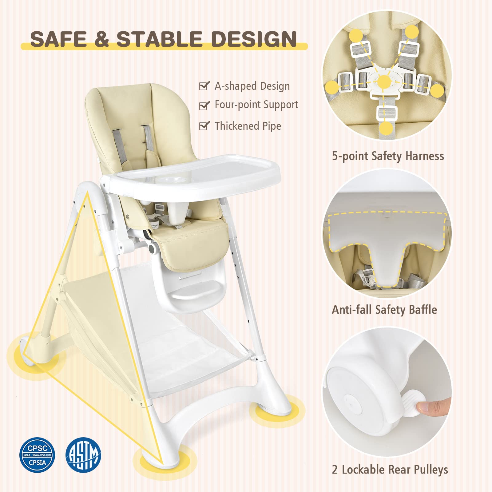 BABY JOY High Chair for Babies & Toddlers, Quick Folding Baby Highchair w/ 2 Lockable Wheels, Large Storage Basket, Removable Double Trays, Detachable PU, Adjustable Height,Backrest & Footrest (Gray)