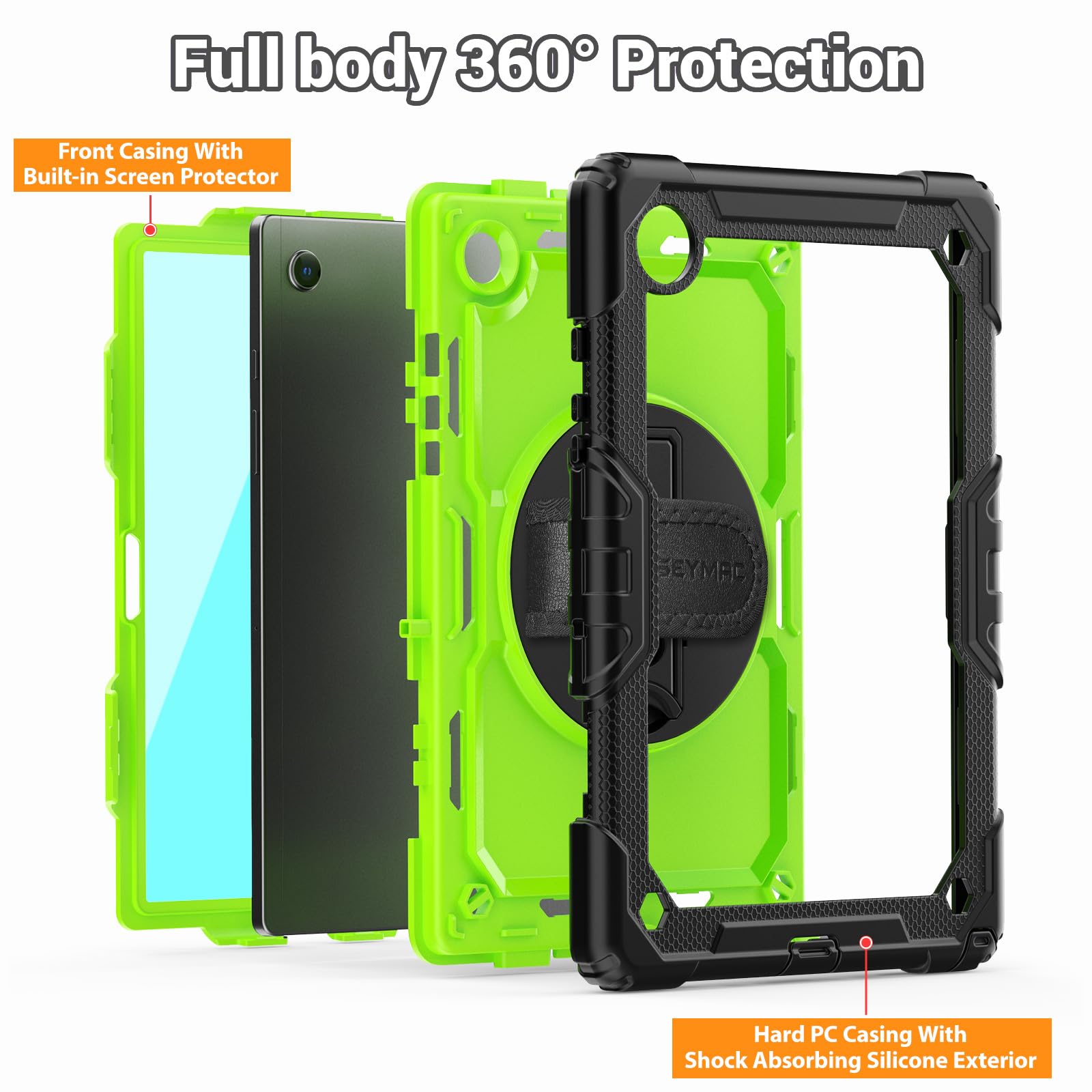 SEYMAC for Samsung Galaxy Tab A8 Case 10.5 Inch (SM-X200/ X205/ X207), Heavy Duty Full-Body Shockproof Protective Case with Screen Protector, Rotating Stand, Hand/Shoulder Strap and Pen Holder, Green