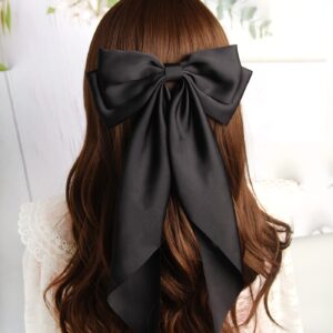 SUSULU Hair Bows for Women Oversized Black White Hair Bow Clips Big Hair Bow Long Tail Large Satin Silky Hair Ribbon Bow Clip Ponytail Hair Accessories for Adult Teens,Pack of 2