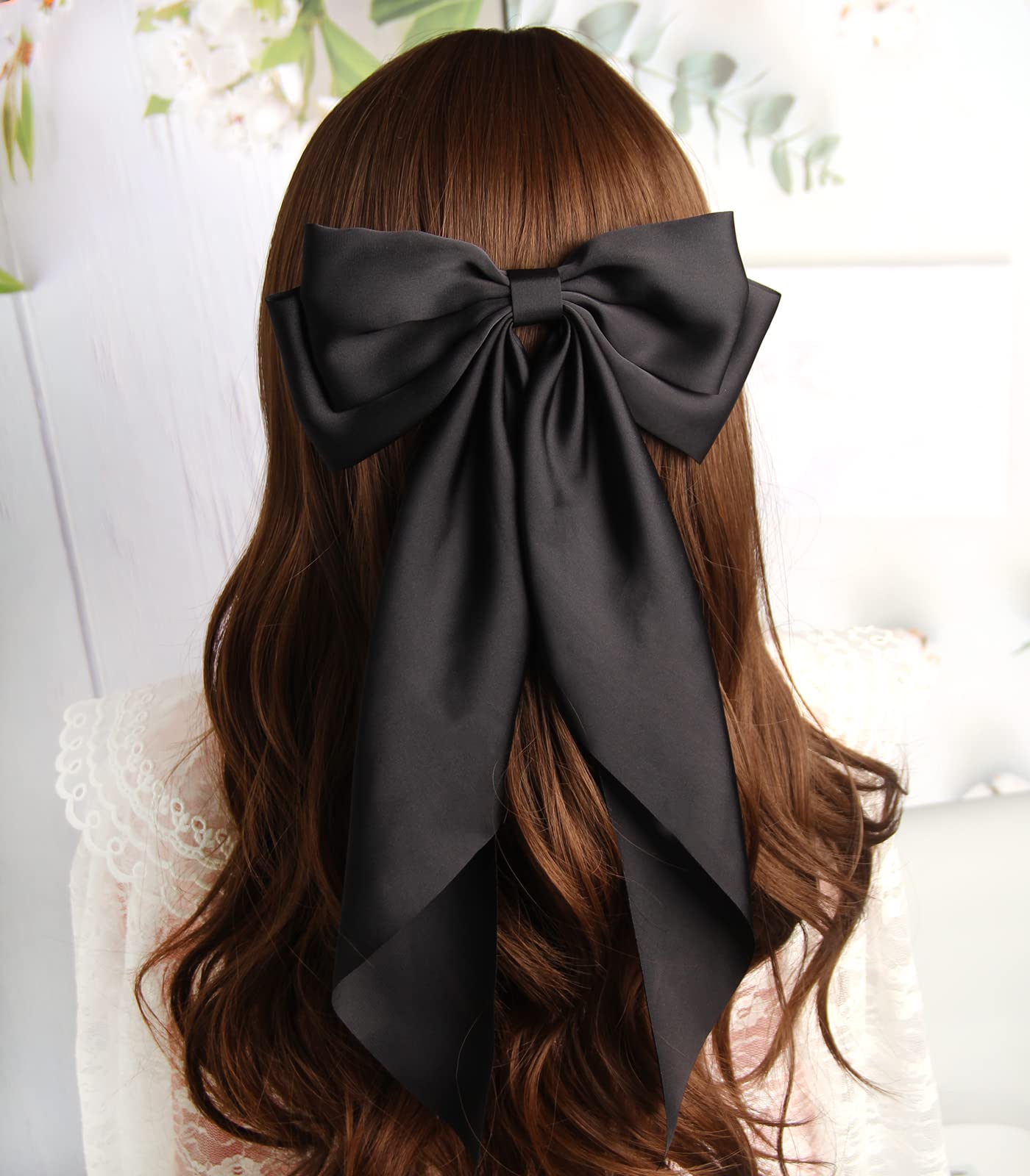 SUSULU Hair Bows for Women Oversized Black White Hair Bow Clips Big Hair Bow Long Tail Large Satin Silky Hair Ribbon Bow Clip Ponytail Hair Accessories for Adult Teens,Pack of 2