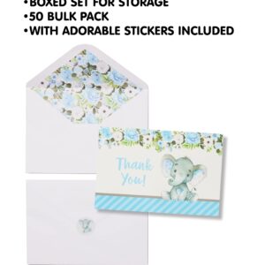 All Ewired Up 50 Blue Elephant Boy Baby Shower Birthday Thank You Cards with Designed Envelope Interior and Matching Seal