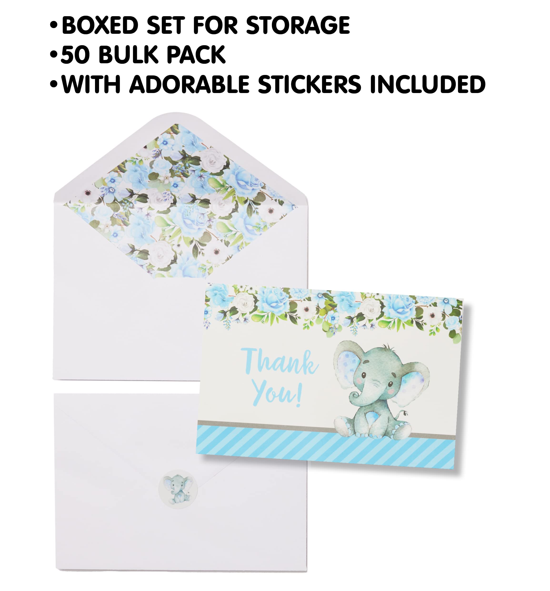 All Ewired Up 50 Blue Elephant Boy Baby Shower Birthday Thank You Cards with Designed Envelope Interior and Matching Seal