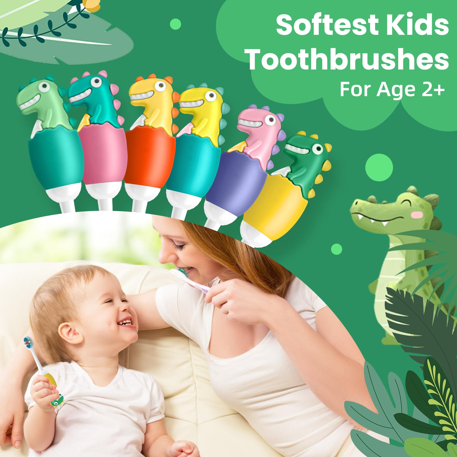 ZMRZ Kids Manual Toothbrush, Extra Soft Bristle Toddler Toothbrush with 10000 Bristles, Kids Travel Toothbrush Designed for Delicate Teeth & Gums for Children 2-7 Years (Green)