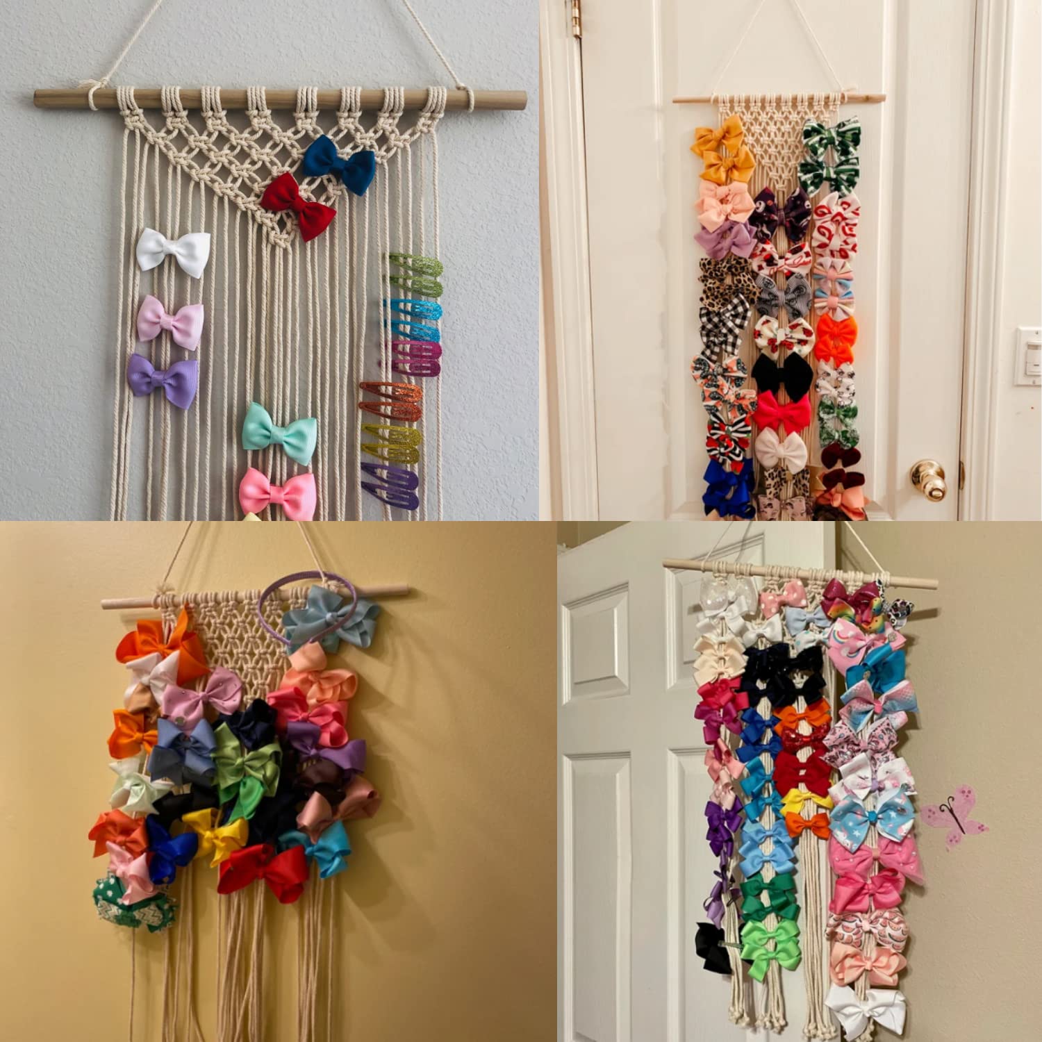 Boho Macrame Bow Holder & 20 Colors Linen Pigtail Bows | Wall Hanging Hair Clip Headband Rainbow Hanger Organizer Piggy Pig Tails Barrettes (Classic A)