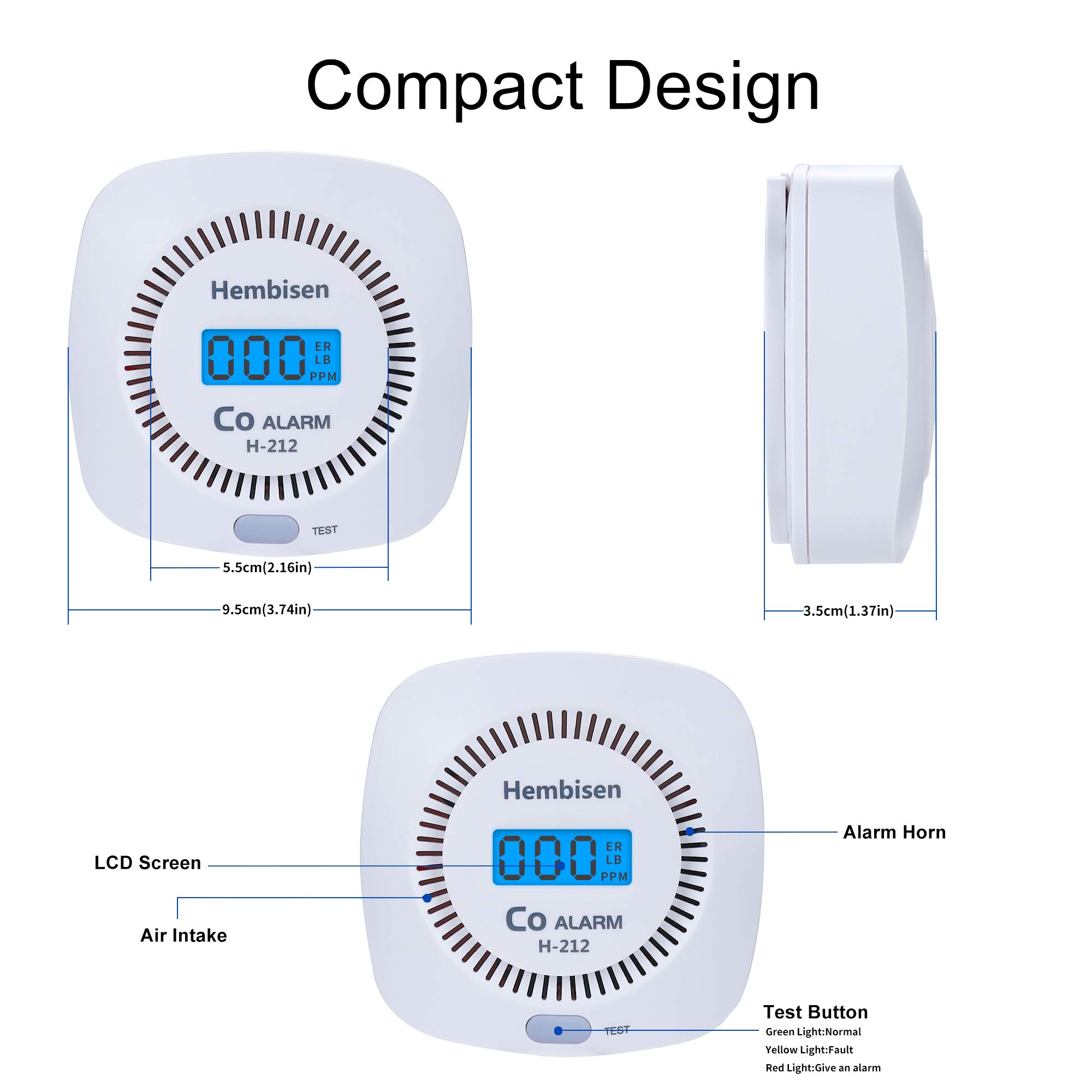 Carbon Monoxide Detectors - Hembisen CO Alarm Detector Monitor Battery Operated with Digital Display for House Kitchen Restaurant Hotel Office