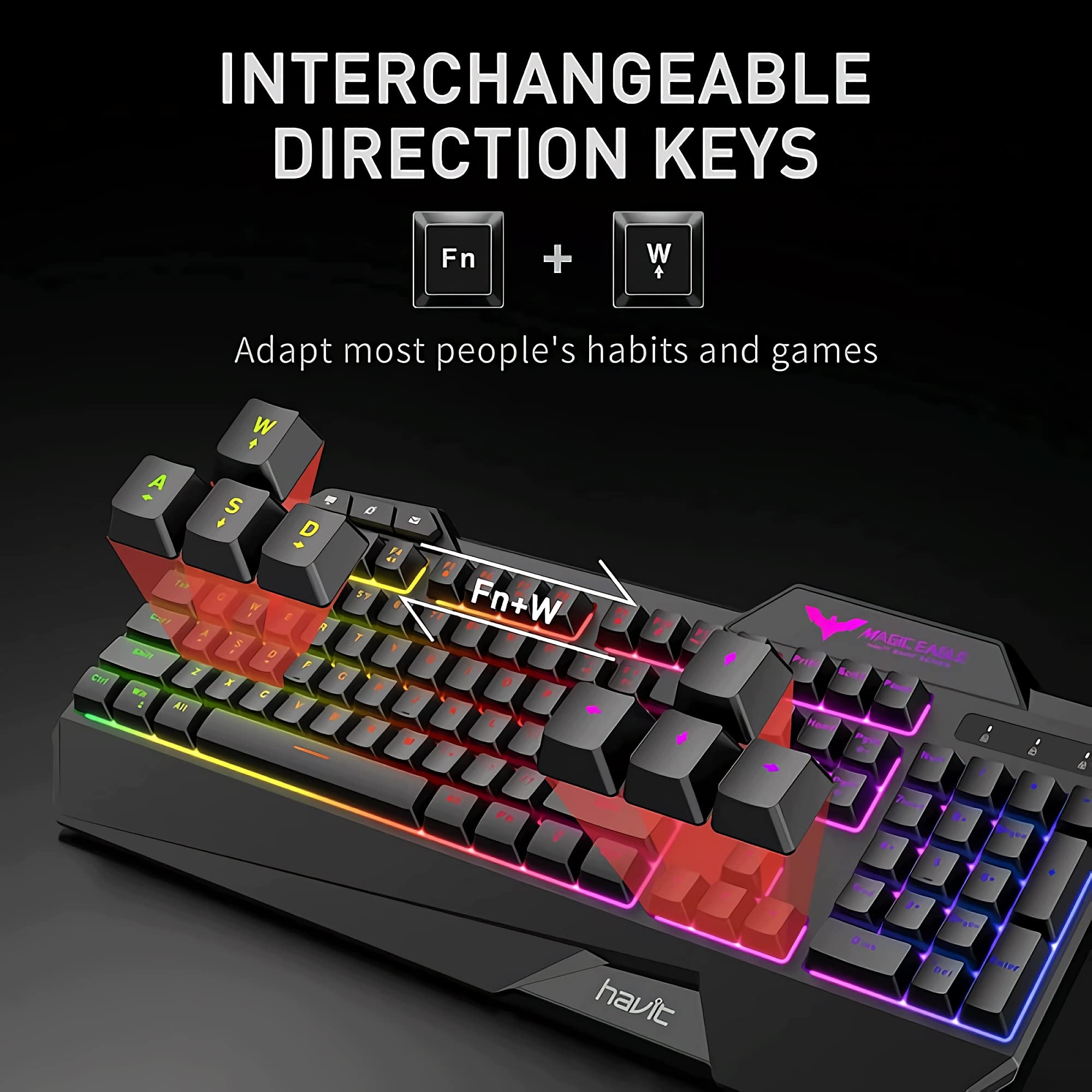 Toytexx HV-KB558CM Rainbow LED Backlit USB Gaming Keyboard and Mouse Combo, 104 Keys, 4800 DPI Mouse