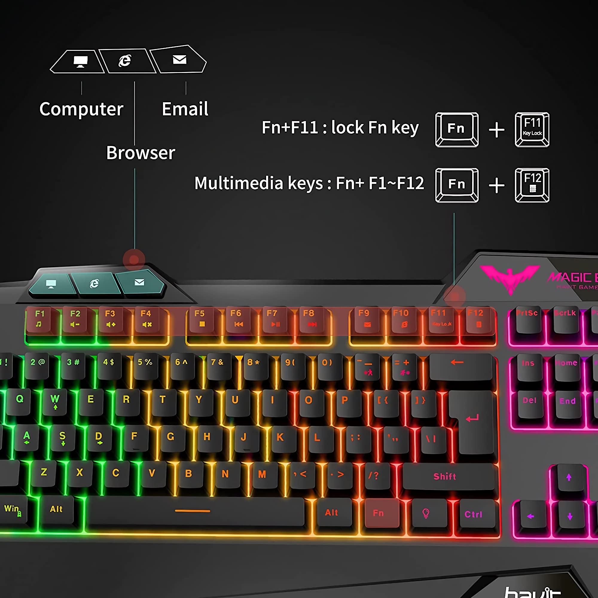 Toytexx HV-KB558CM Rainbow LED Backlit USB Gaming Keyboard and Mouse Combo, 104 Keys, 4800 DPI Mouse