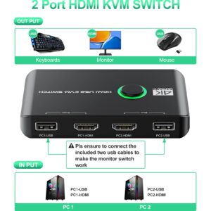 4K KVM Switch HDMI 2 Port Box, USB HDMI KVM Switches for 2 Computers Share Keyboard Mouse Printer and one HD Monitor, Support UHD 4K@60Hz, with 2 USB Cables and 2 HDMI Cables…