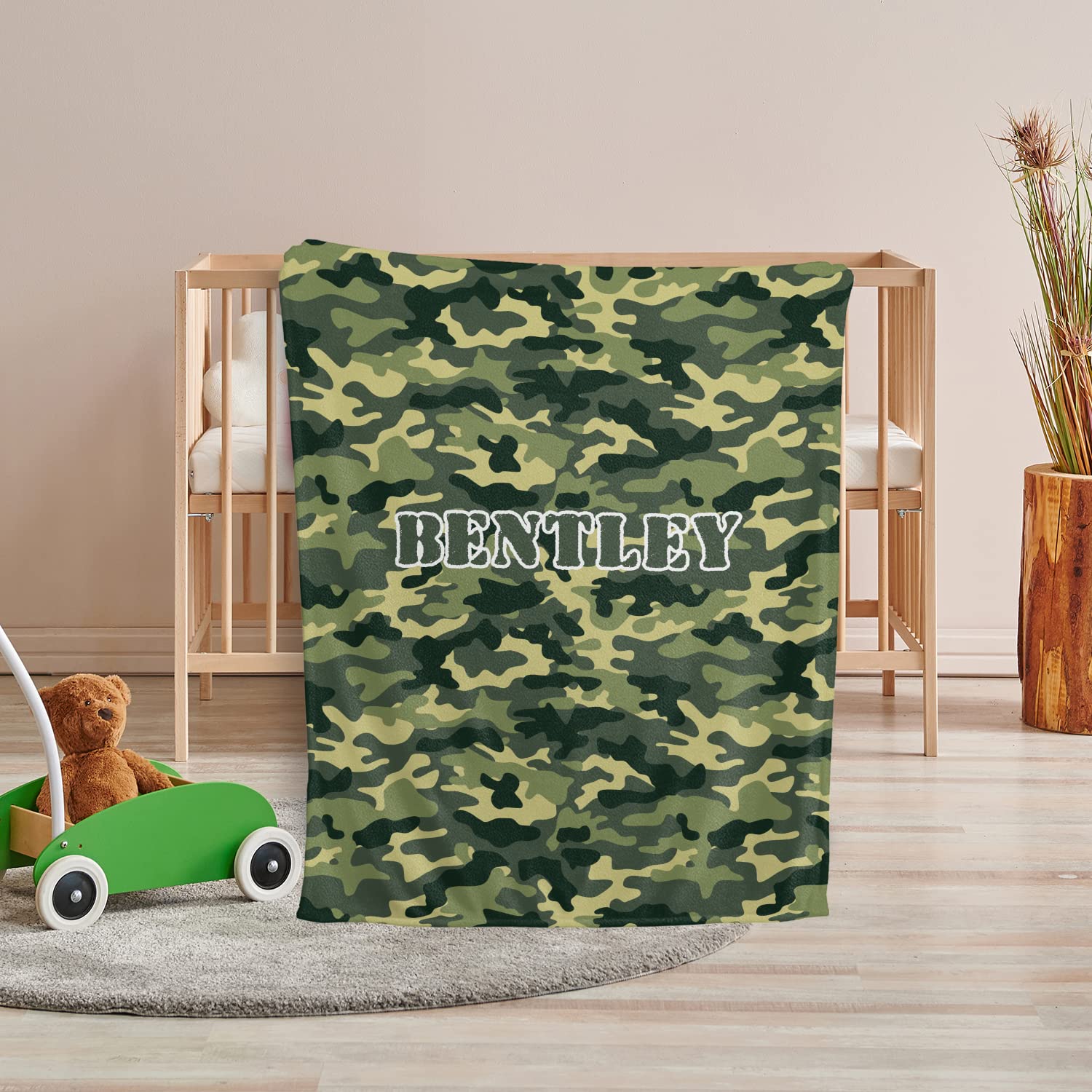 MeMate Personalized Baby Blankets with Name - Camouflage Blanket Custom Nursery Blanket Name - Green Camo Fleece Blanket for Boys Girls - Soft Blanket for Newborn, Infant, Toddler, Kids