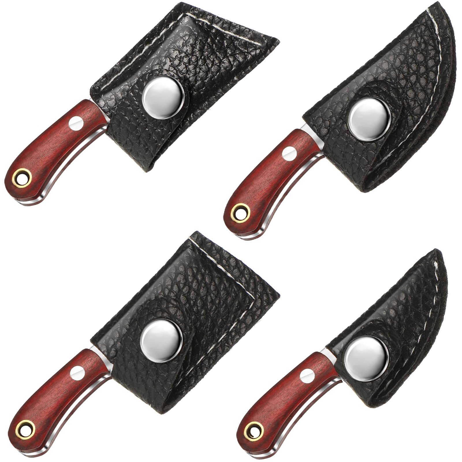 Zhehao 4 Pcs Mini Knife Keychain Pocket Knife Set Tiny Knife Key Chain Wooden Handle Small Leather Sleeve Knife Outdoor Portable Decorative Gift Package Unboxing Knife Letter Opener