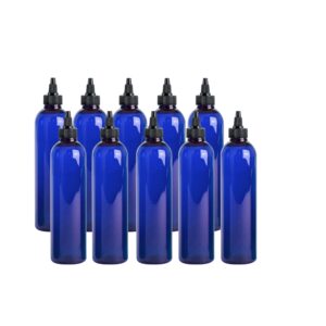 kelkaa 8oz cosmo round blue pet plastic bottles with black twist caps for shampoo, conditioner, body soap, lotion, multi-purpose empty refillable containers, bpa free (pack of 10)