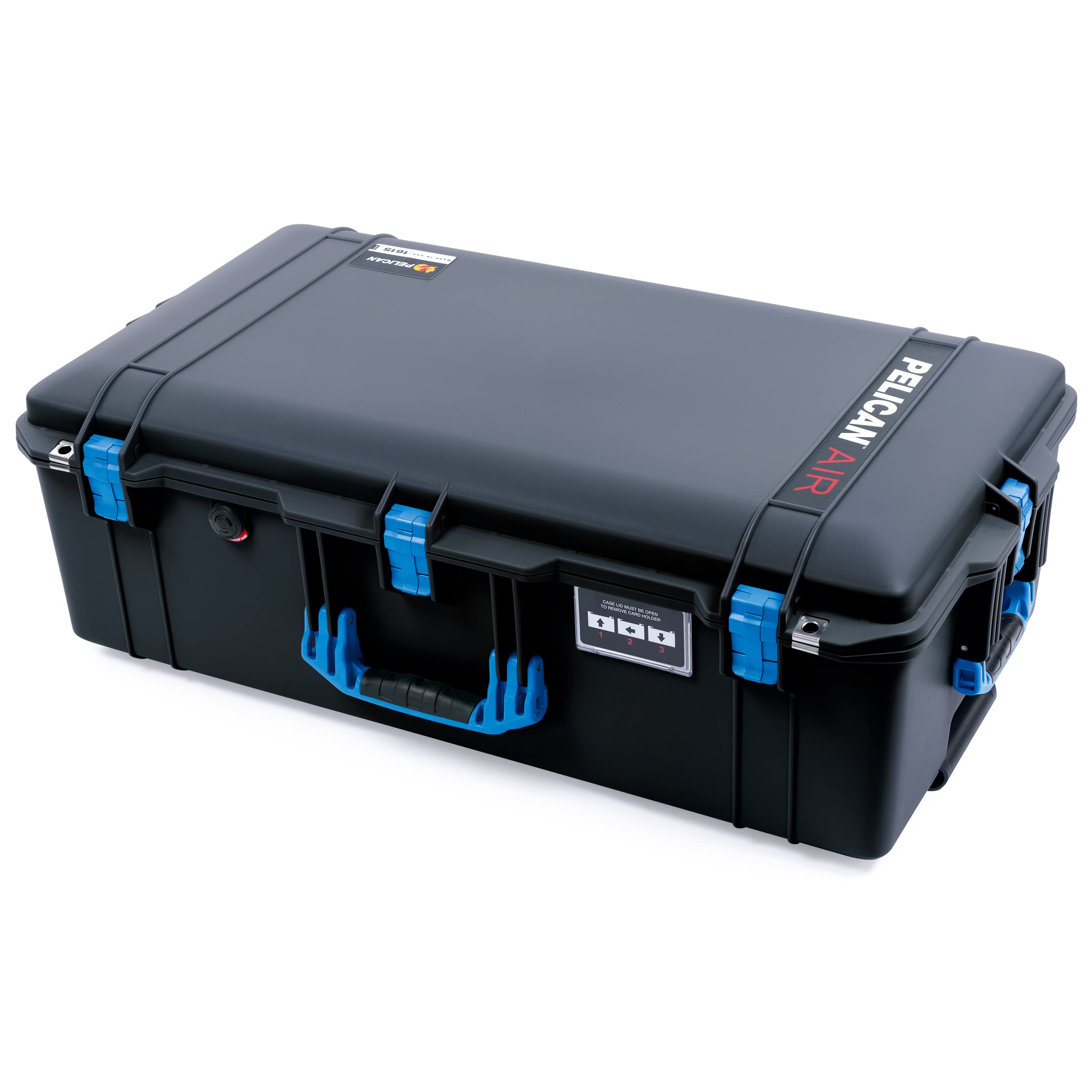 Pelican Color Case Black Pelican 1615 Air case with Blue Handles & latches. Comes with Foam & with Wheels.