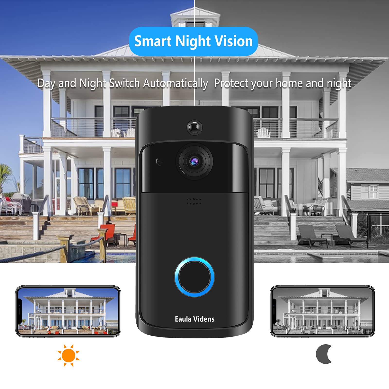 Eaula Videns Wireless WiFi Doorbell Camera IP65 Waterproof HD WiFi Security Camera Real-Time Video for iOS & Android Phone Night Light Motion Detection (Black)