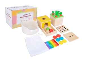 montessori toys for 1+ year old baby gifts,play kit box includes carrot harvest games,infant coin box,fine motor skills toys and object permanence box,montessori toys for babies 6-12 month(4-in-1)