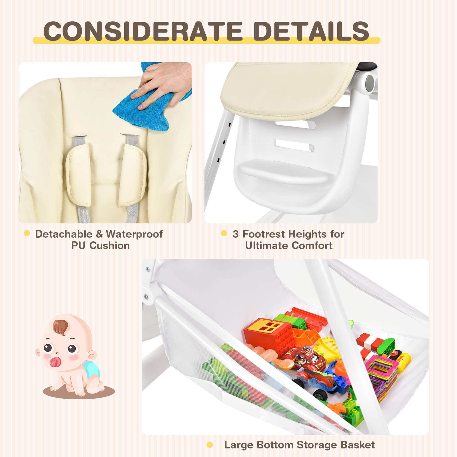 BABY JOY High Chair for Babies & Toddlers, Quick Folding Baby Highchair w/ 2 Lockable Wheels, Large Storage Basket, Removable Double Trays, Detachable PU, Adjustable Height,Backrest & Footrest (Gray)