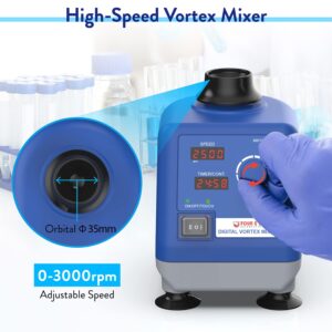 FOUR E'S SCIENTIFIC LED Digital Vortex Mixer Speed 0-3000rpm, Orbital Diameter 6mm,Touch,Timer and Continuous Modes,with Platform Pad for Test Tubes and Small Vessels