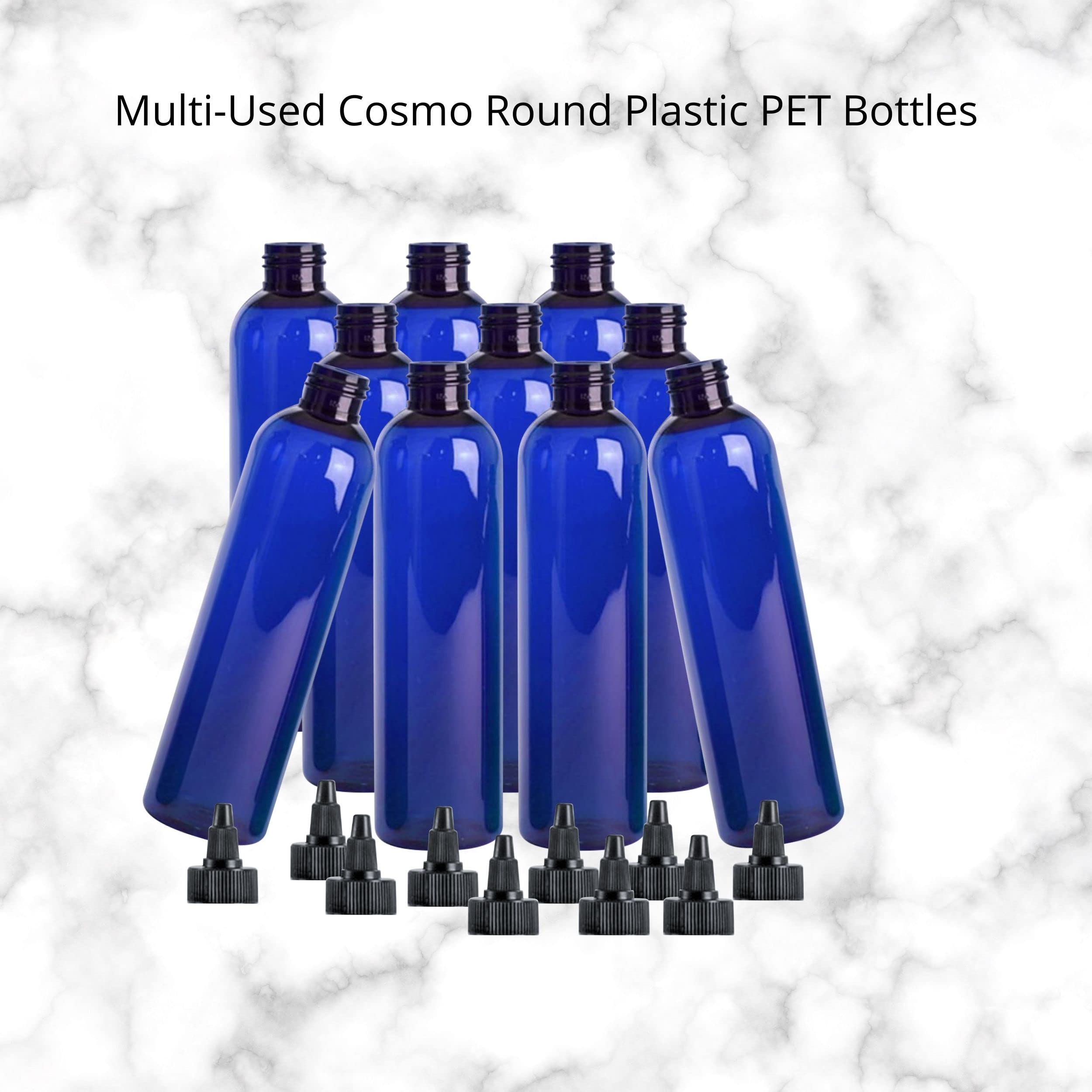 kelkaa 8oz Cosmo Round Blue PET Plastic Bottles with Black Twist Caps for Shampoo, Conditioner, Body Soap, Lotion, Multi-Purpose Empty Refillable Containers, BPA Free (Pack of 10)