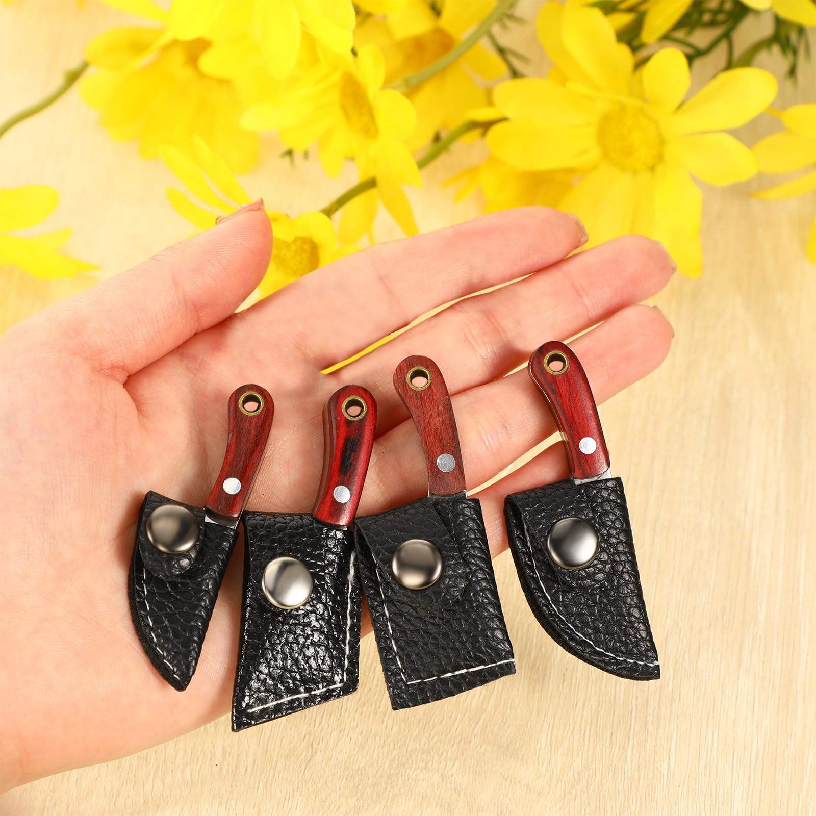 Zhehao 4 Pcs Mini Knife Keychain Pocket Knife Set Tiny Knife Key Chain Wooden Handle Small Leather Sleeve Knife Outdoor Portable Decorative Gift Package Unboxing Knife Letter Opener