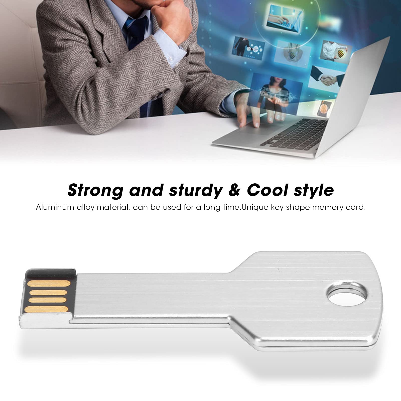 USB Flash Drive, Aluminum Alloy Key Shaped USB 2.0 Memory Stick Pen Drive Silver Thumb Drive, Portable USB Drive(8GB)