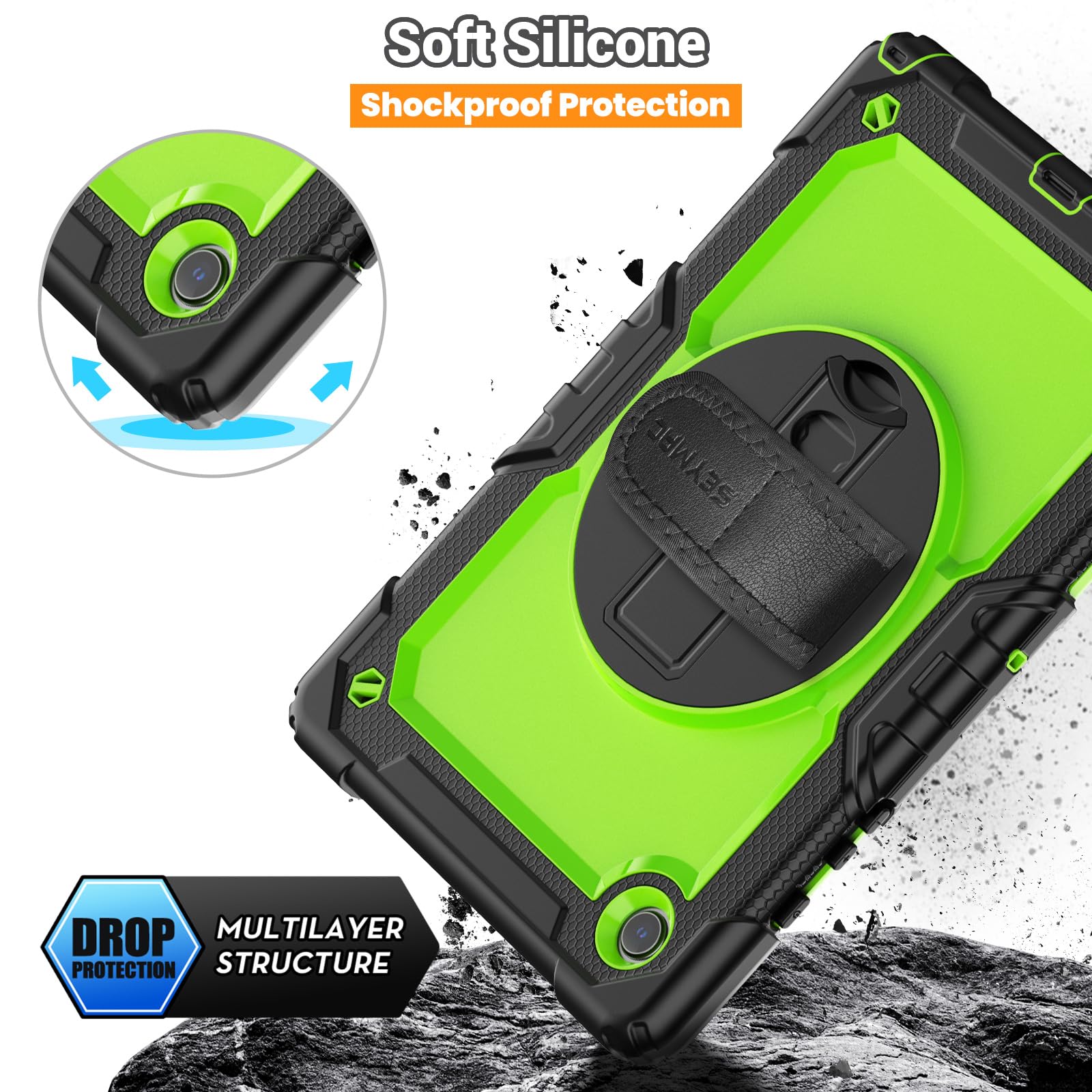 SEYMAC for Samsung Galaxy Tab A8 Case 10.5 Inch (SM-X200/ X205/ X207), Heavy Duty Full-Body Shockproof Protective Case with Screen Protector, Rotating Stand, Hand/Shoulder Strap and Pen Holder, Green