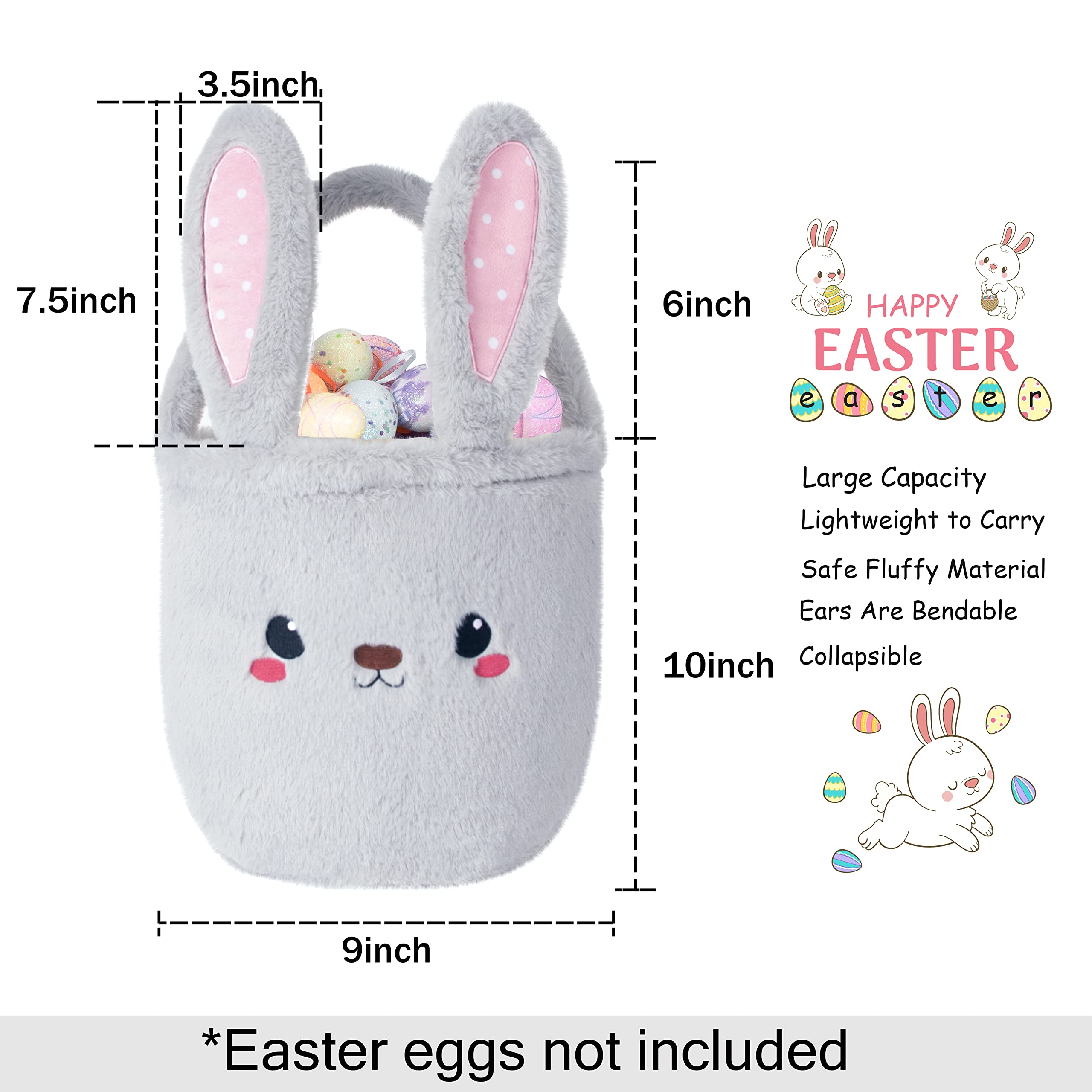 Bunny Easter Basket for Kids, Cute Plush Empty Bucket with Foldable Ears and Handle Egg Hunt Tote Candy Bag Basket for Boy Girl Teens Gift, Easter Basket Decor Grey 9×9 Inch