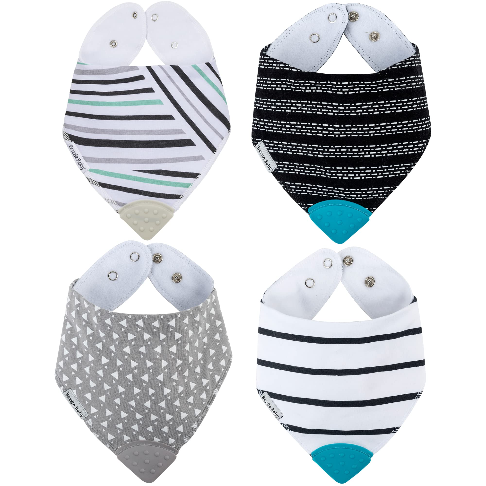 Bazzle Baby Bandana Bib Teething Bibs with teether corners for Natural Teething Relief Cotton & Fleece Soak Up Drool (Black and White)