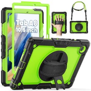 seymac for samsung galaxy tab a8 case 10.5 inch (sm-x200/ x205/ x207), heavy duty full-body shockproof protective case with screen protector, rotating stand, hand/shoulder strap and pen holder, green