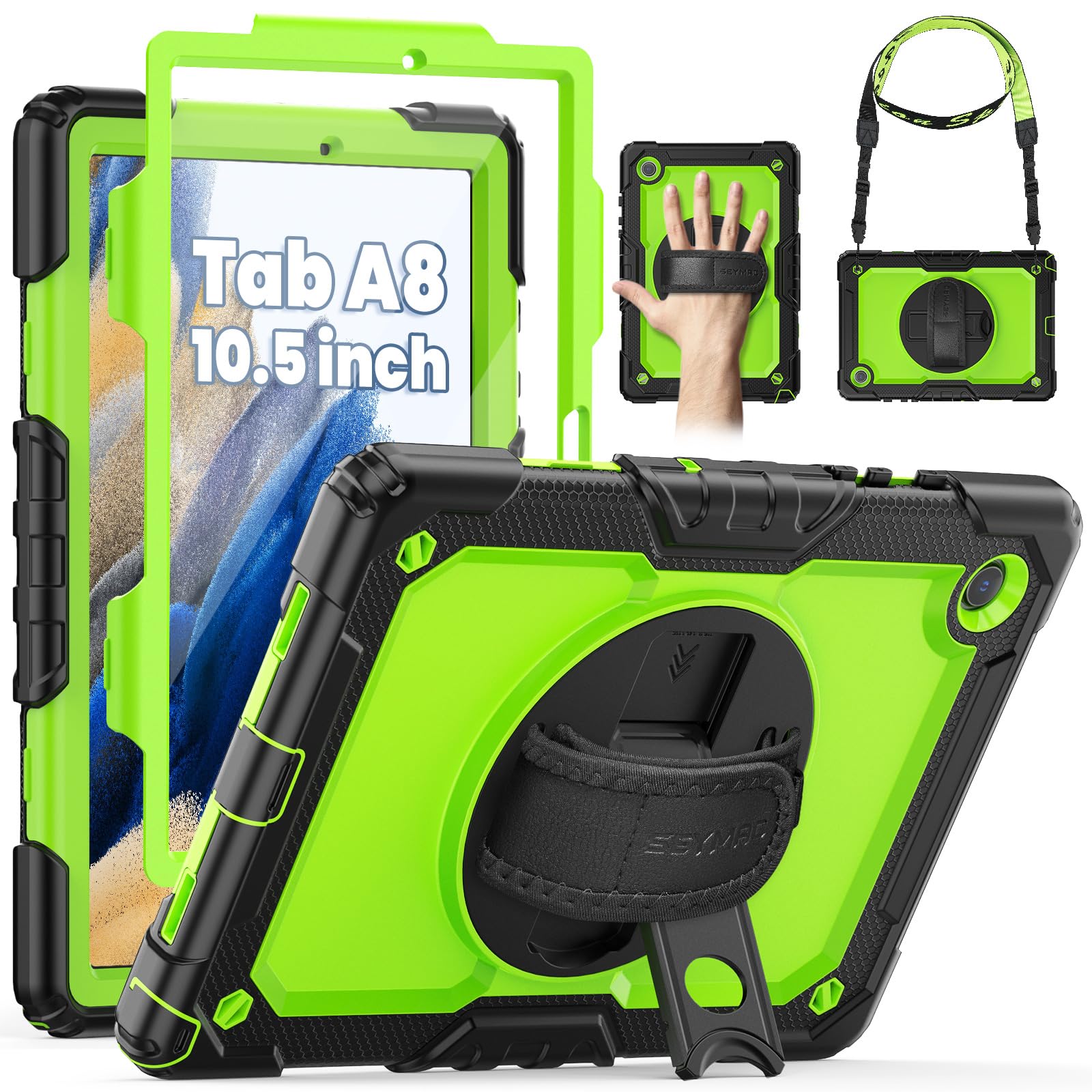 SEYMAC for Samsung Galaxy Tab A8 Case 10.5 Inch (SM-X200/ X205/ X207), Heavy Duty Full-Body Shockproof Protective Case with Screen Protector, Rotating Stand, Hand/Shoulder Strap and Pen Holder, Green