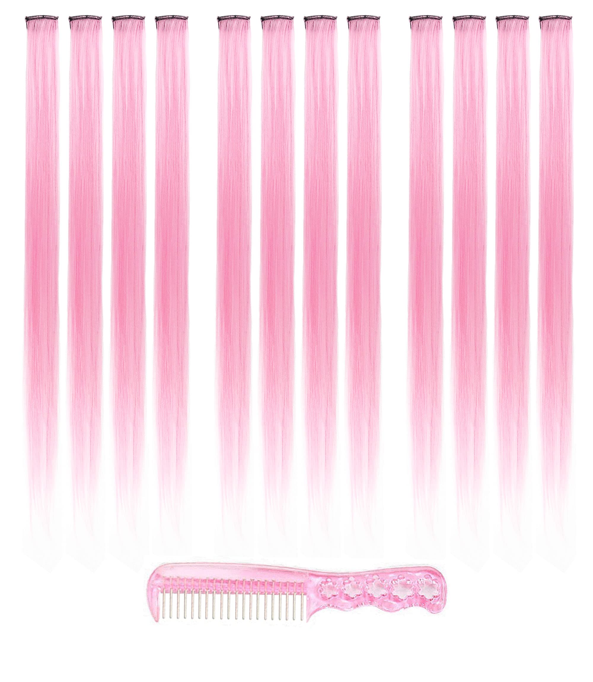 EUICAE Hair Extensions 1 Steel Comb for Free Clip in Hair Extensions Highlights Straight Long Hairpiece Hair Accessories for Girls Women Kids Doll Hair Pieces Colored Wigs Pieces (Cherry pink)