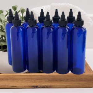 kelkaa 8oz Cosmo Round Blue PET Plastic Bottles with Black Twist Caps for Shampoo, Conditioner, Body Soap, Lotion, Multi-Purpose Empty Refillable Containers, BPA Free (Pack of 10)