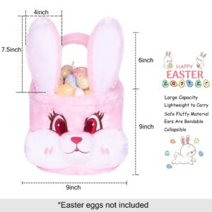 Bunny Easter Basket for Kids, 3D Cute Plush Empty Bucket with Foldable Ears and Handle Egg Hunt Tote Candy Bag Basket for Boy Girl Teens Gift, Easter Basket Decor Pink