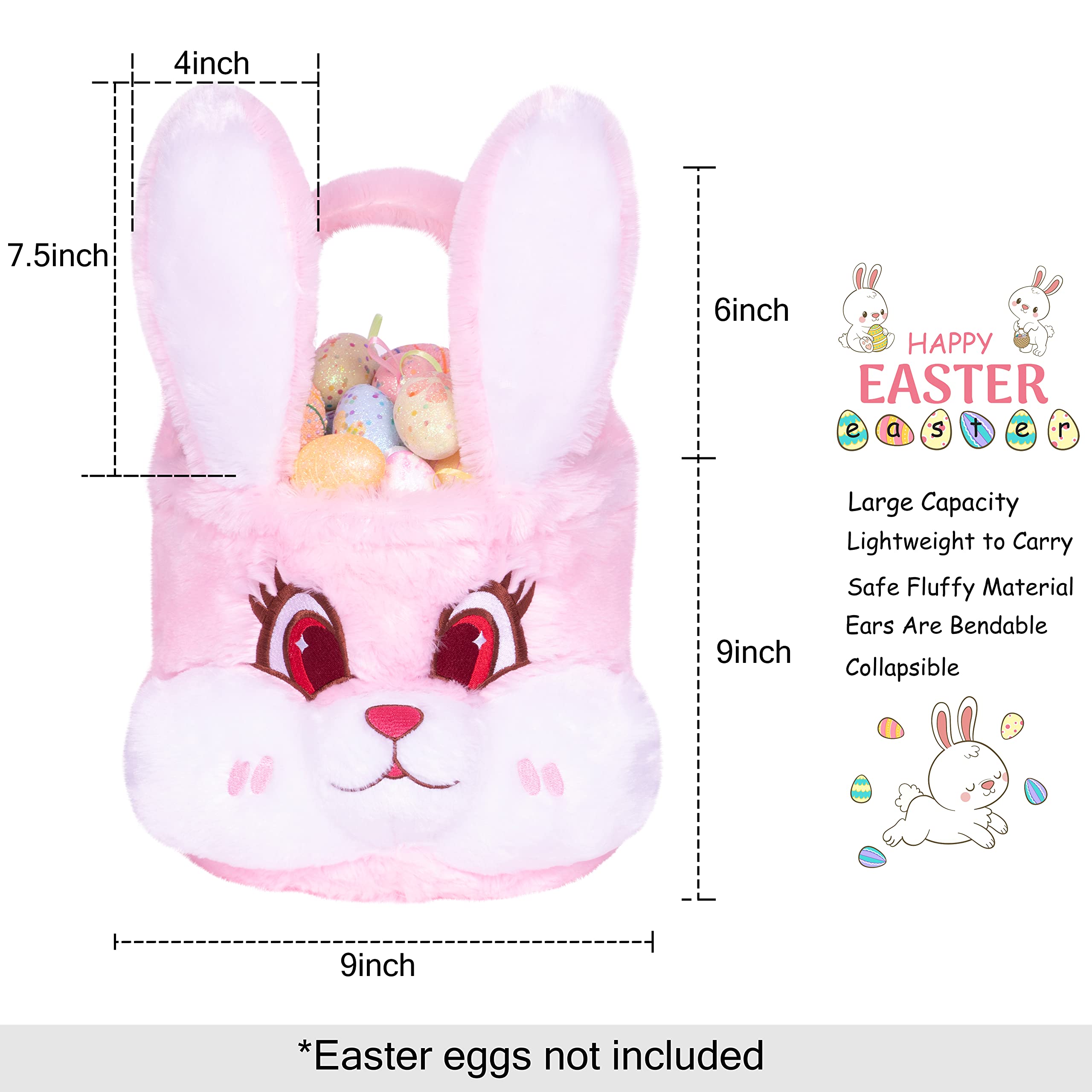 Bunny Easter Basket for Kids, 3D Cute Plush Empty Bucket with Foldable Ears and Handle Egg Hunt Tote Candy Bag Basket for Boy Girl Teens Gift, Easter Basket Decor Pink