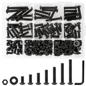 k kwokker 1/4 20 bolt and nuts, 7 sizes are 2", 1-1/2", 1-1/4", 1", 3/4", 5/8", 1/2", button head hex socket cap screws, black, full machine unc thread, with washers for screws, 219pcs totally