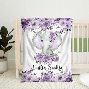 nazenti personalized baby girl blanket - safari elephant baby blanket, custom baby blanket with name, purple floral baby blanket, swaddle blanket (30x40, 40x50, 50x60 inch)