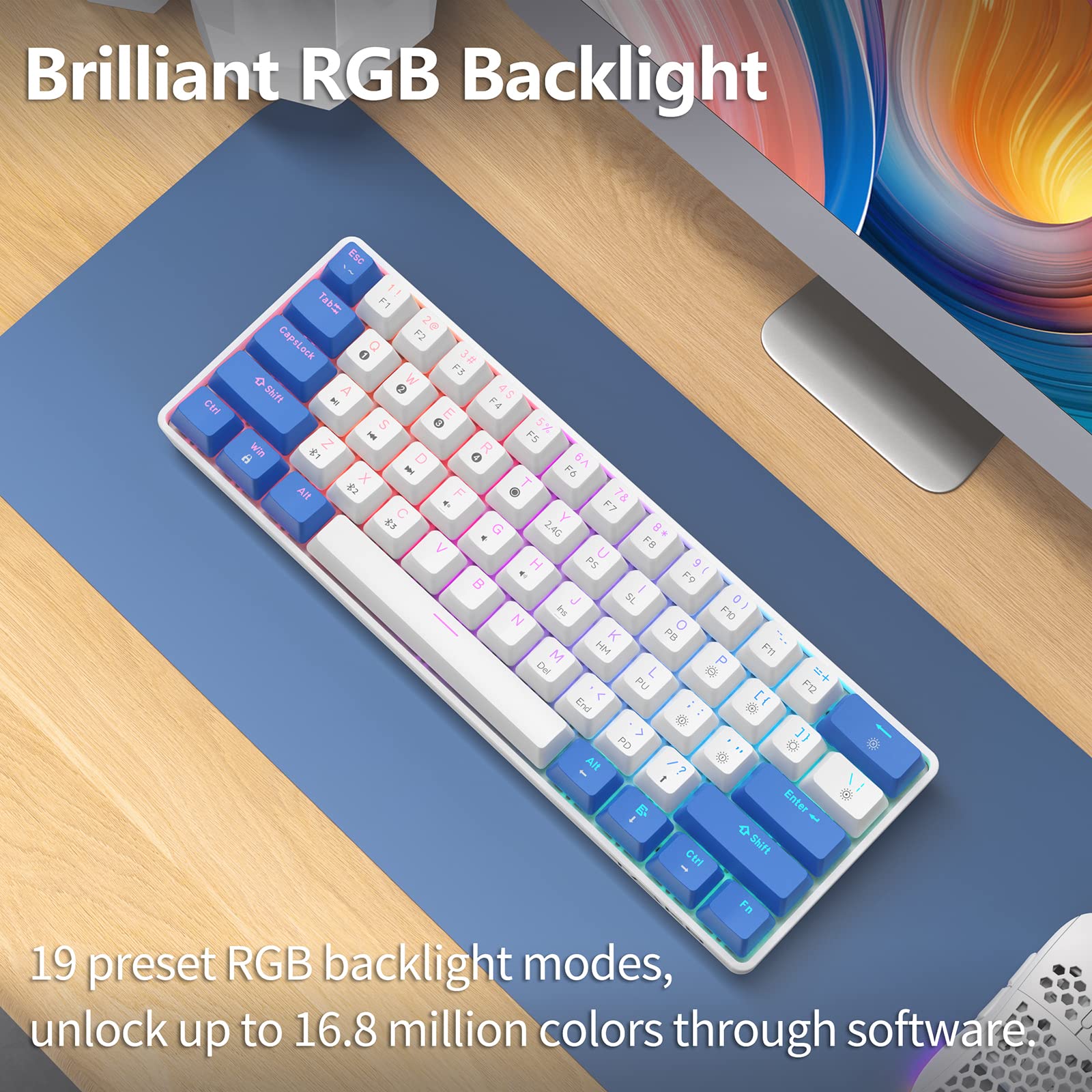 TMKB GK61 60% Wireless Mechanical Gaming Keyboard, 2.4Ghz/Bluetooth/Wired Programmable IPX4 Waterproof Compact Keyboard with RGB Backlit Hot Swappable Gateron Optical Brown Switch for Mac Windows PC