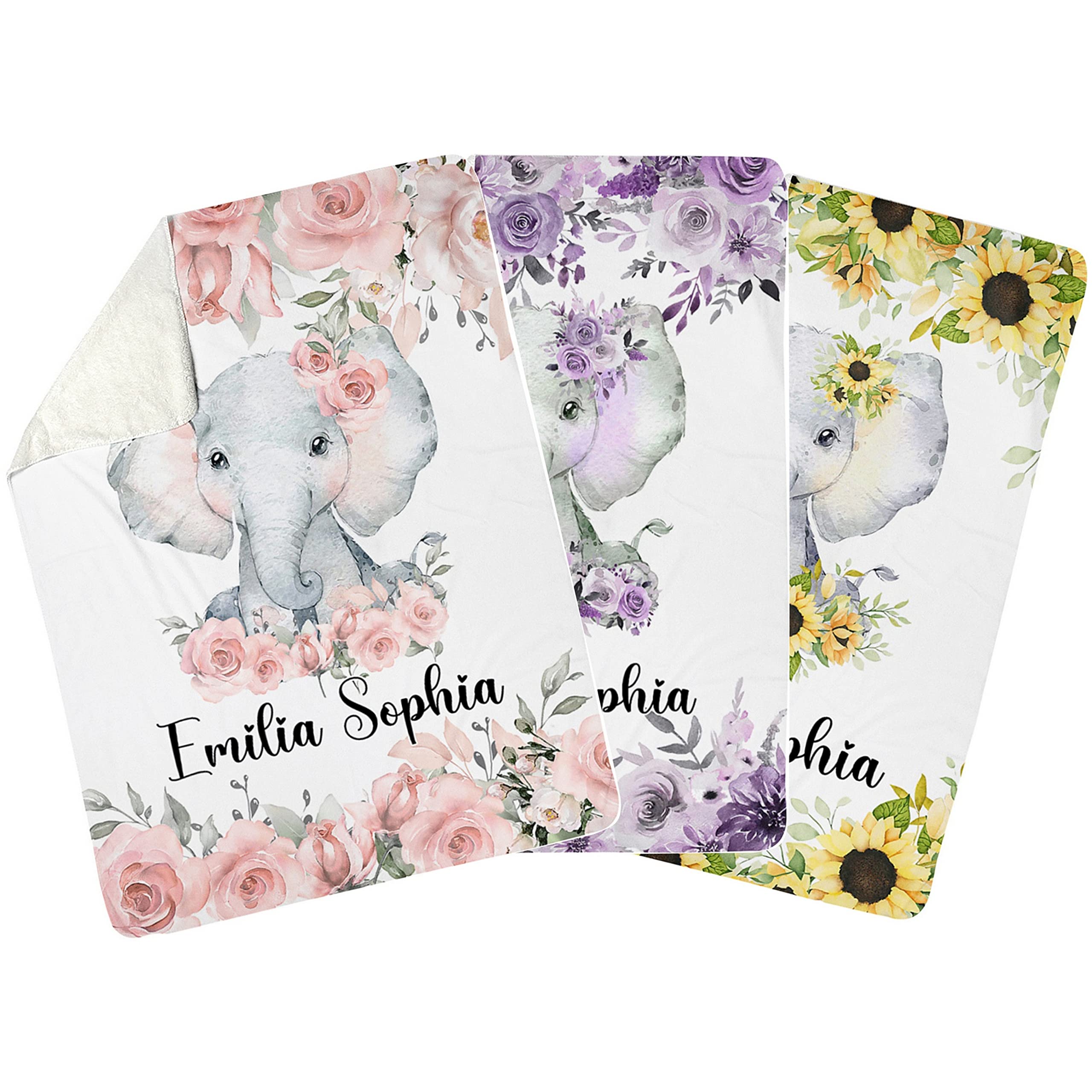 NAZENTI Personalized Baby Girl Blanket - Safari Elephant Baby Blanket, Custom Baby Blanket with Name, Purple Floral Baby Blanket, Swaddle Blanket (30x40, 40x50, 50x60 Inch)