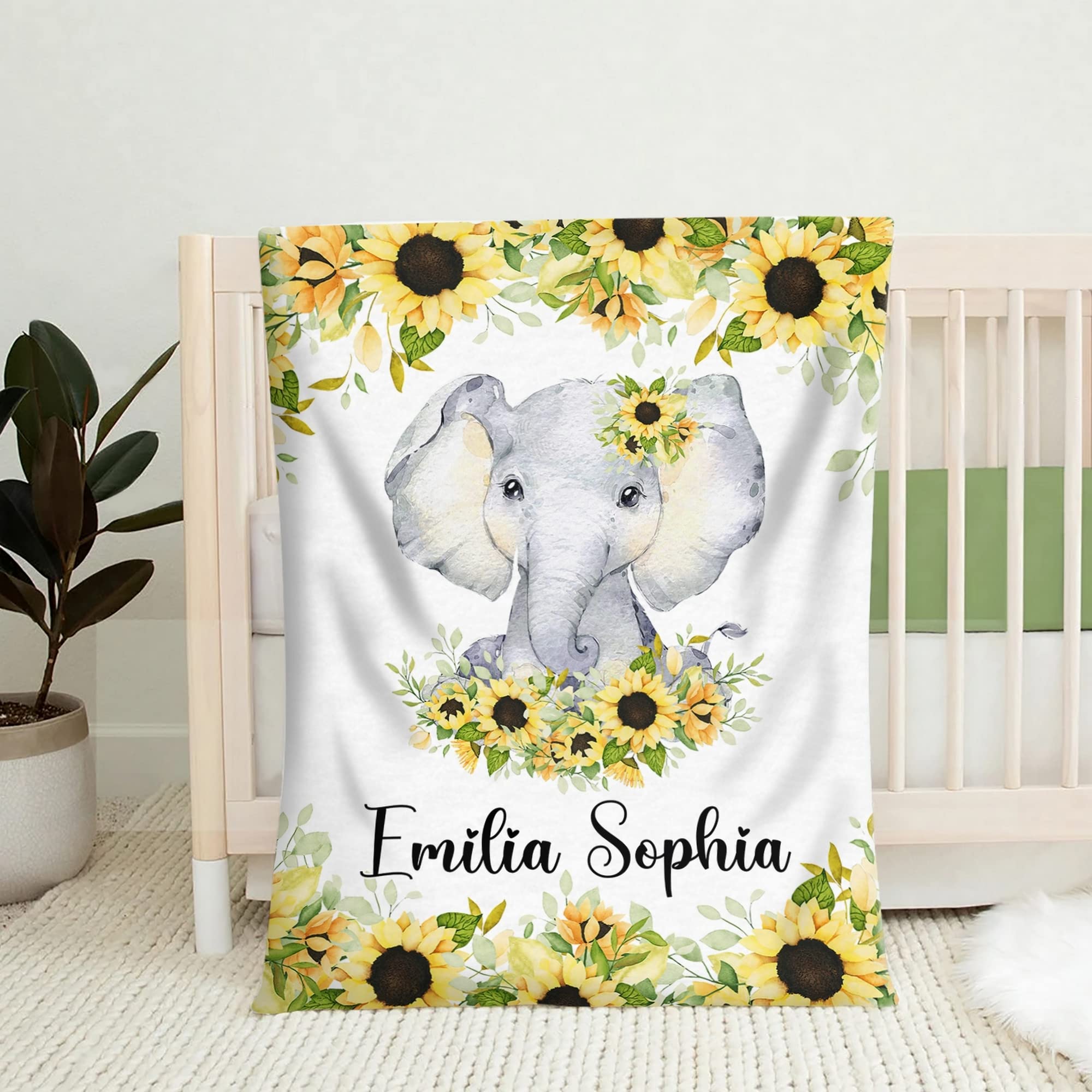 NAZENTI Personalized Baby Girl Blanket - Safari Elephant Baby Blanket, Custom Baby Blanket with Name, Purple Floral Baby Blanket, Swaddle Blanket (30x40, 40x50, 50x60 Inch)