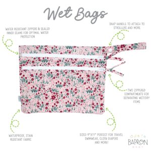 BapronBaby Blushing Blooms Wet Dry Bag - Waterproof Two Zipper Pockets - Reusable for Mealtime, Diapers, Stroller, Snacks, Swimsuits - Machine Washable - 11" x 9"